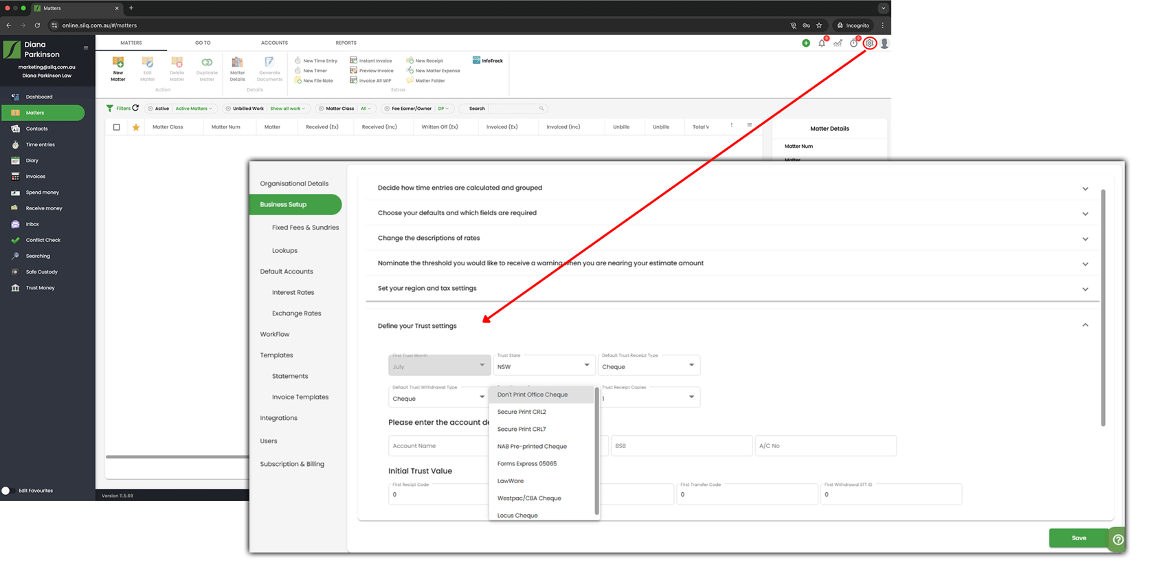 Trust Cheque Settings