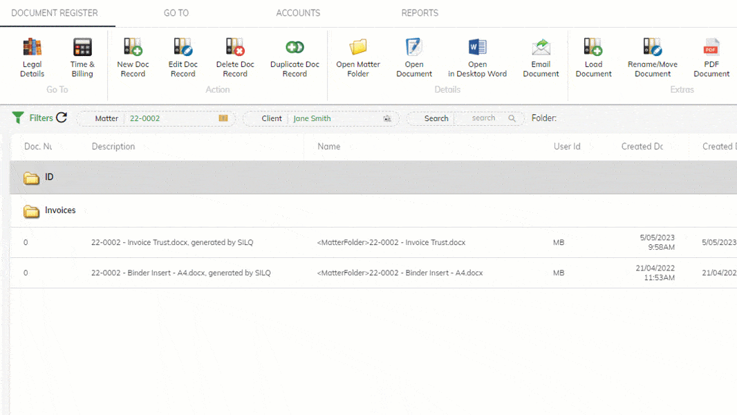 How do I move documents into a Sub Folder from the Document Register?