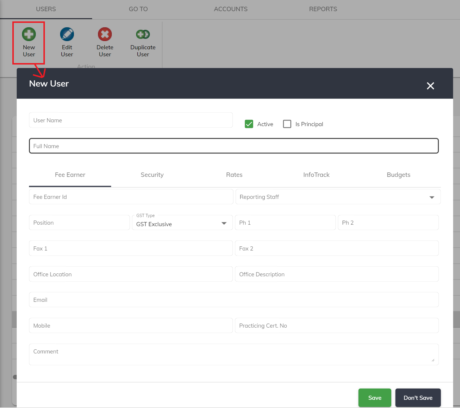 Set up new users / fee earners